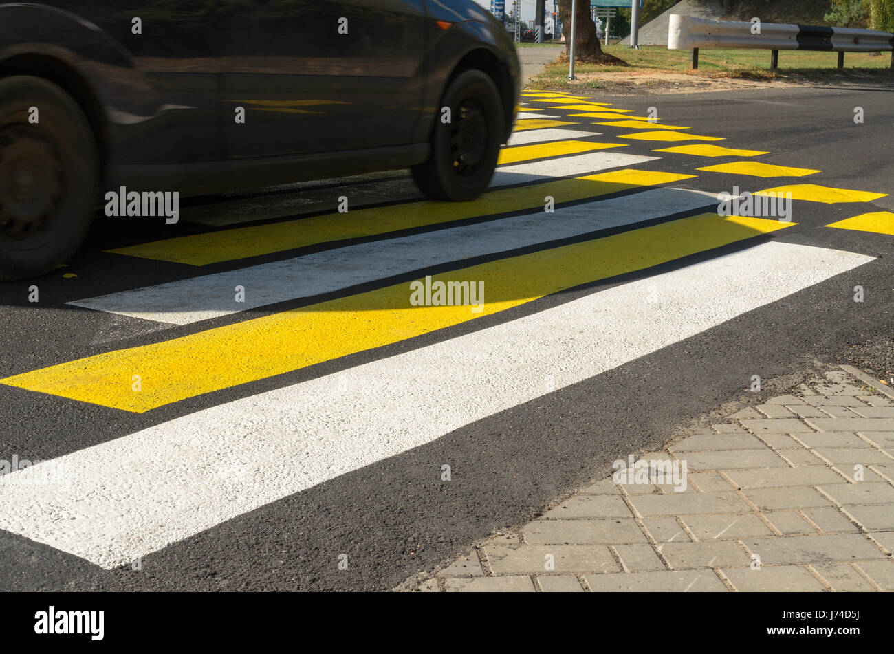 Crosswalk yellow-white warning bright color. Road markings Stock Photo ...