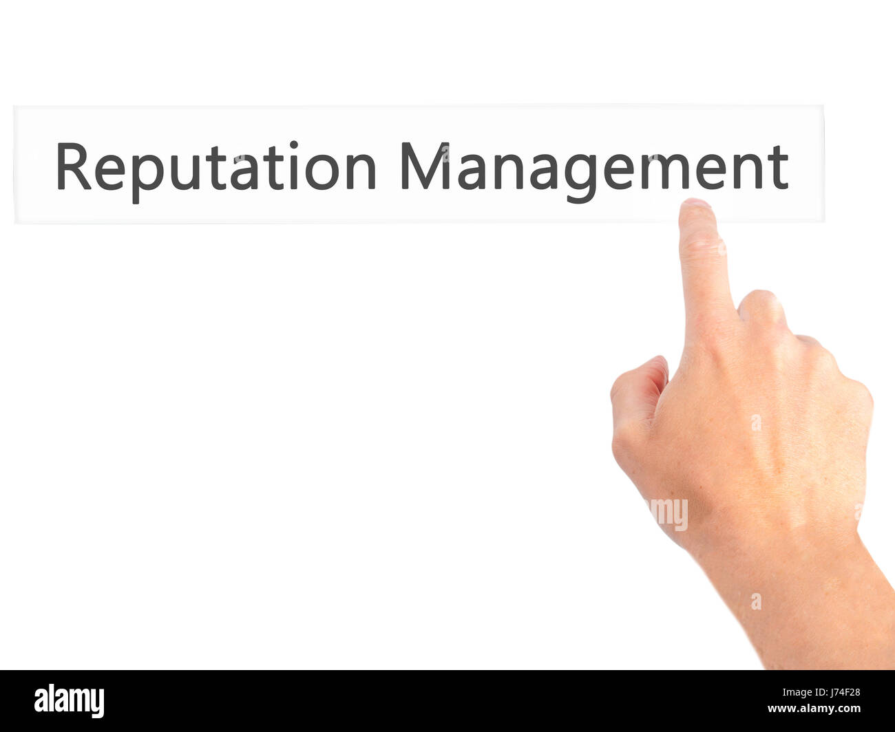 Reputation Management - Hand pressing a button on blurred background ...