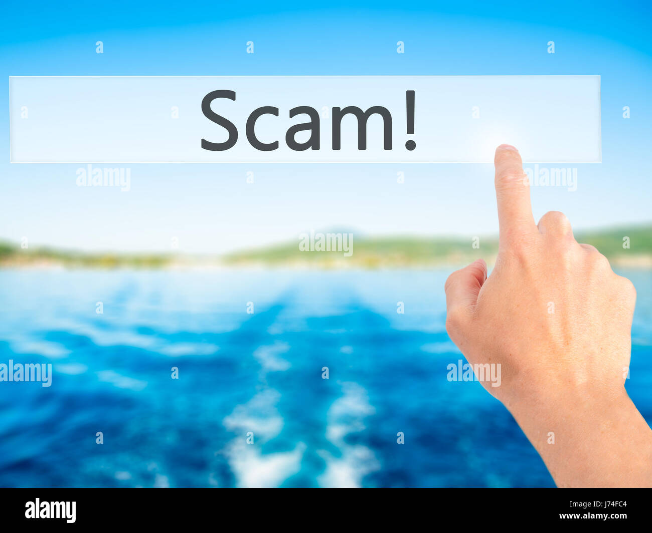 Scam! - Hand pressing a button on blurred background concept . Business ...