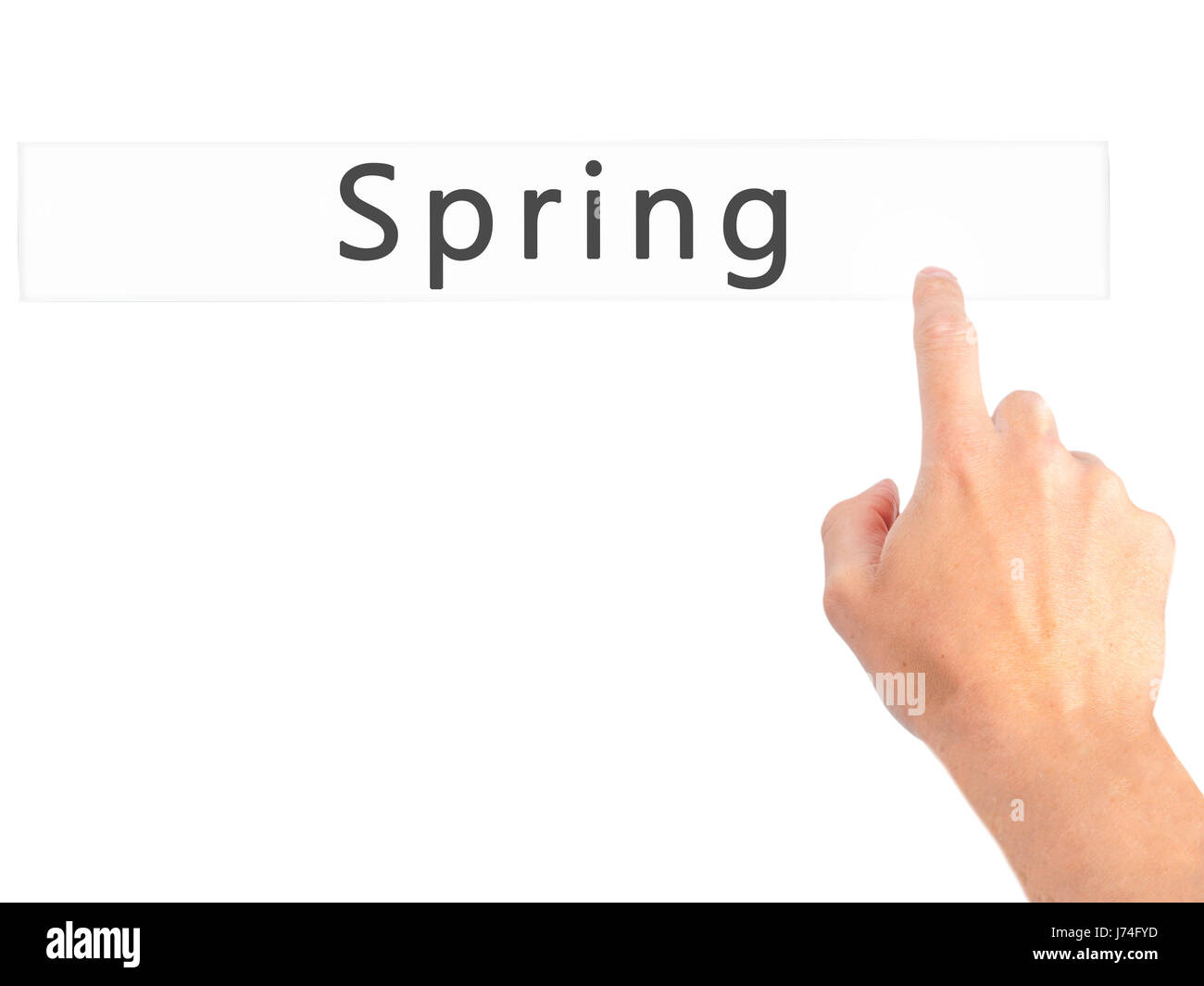 Spring - Hand pressing a button on blurred background concept ...