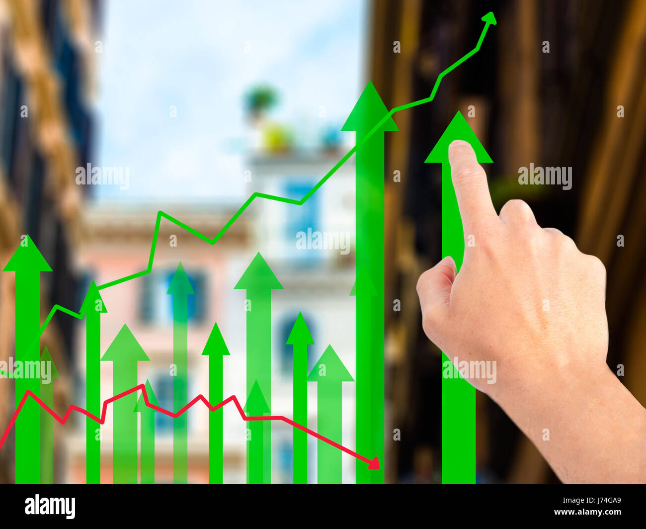 Businessman hand pressing Sales Growth Graph on virtual screen ...