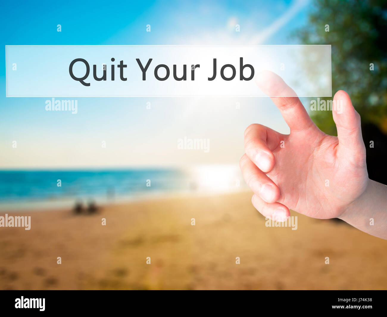 Quit Your Job - Hand pressing a button on blurred background concept ...