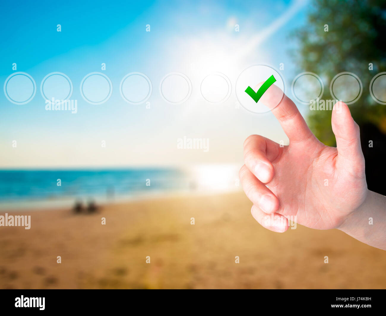 Young male hand touching, pressing modern button and ticking check box ...