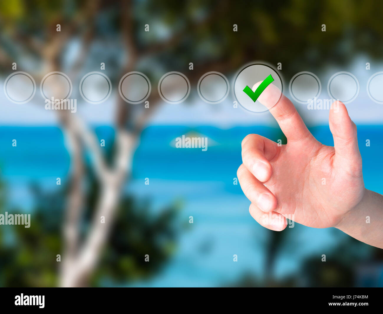 Young male hand touching, pressing modern button and ticking check box ...
