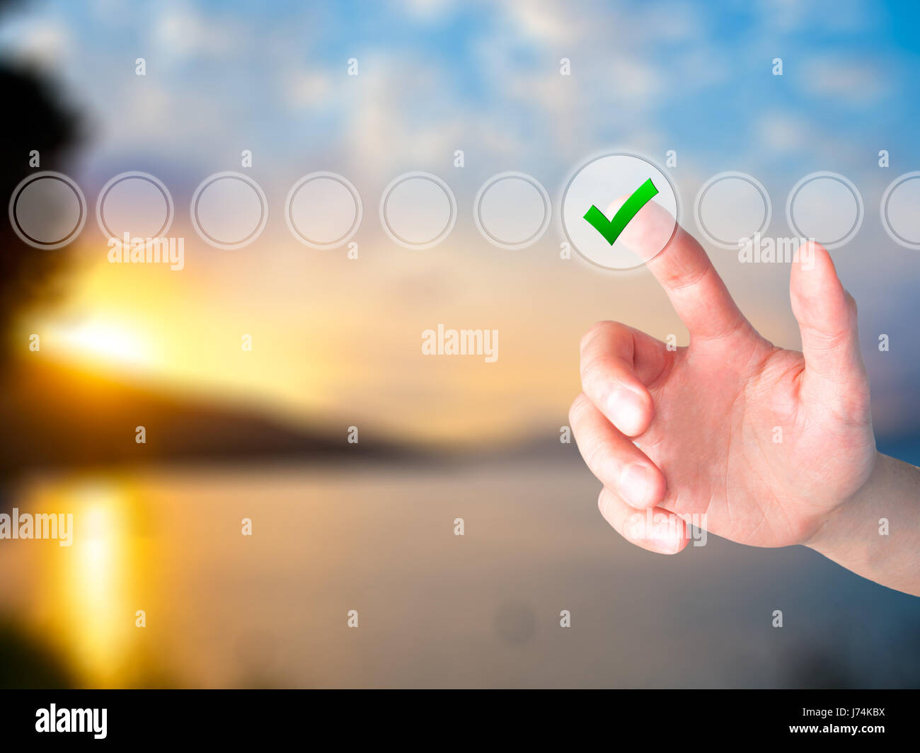 Young male hand touching, pressing modern button and ticking check box ...