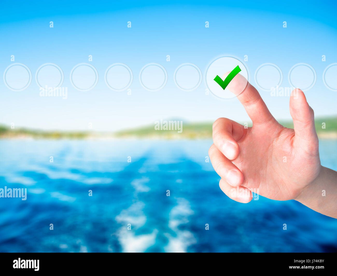 Young male hand touching, pressing modern button and ticking check box ...