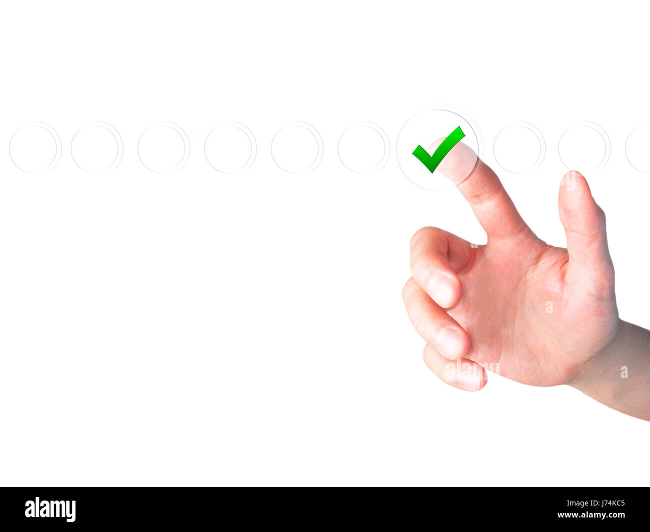 Young male hand touching, pressing modern button and ticking check box ...