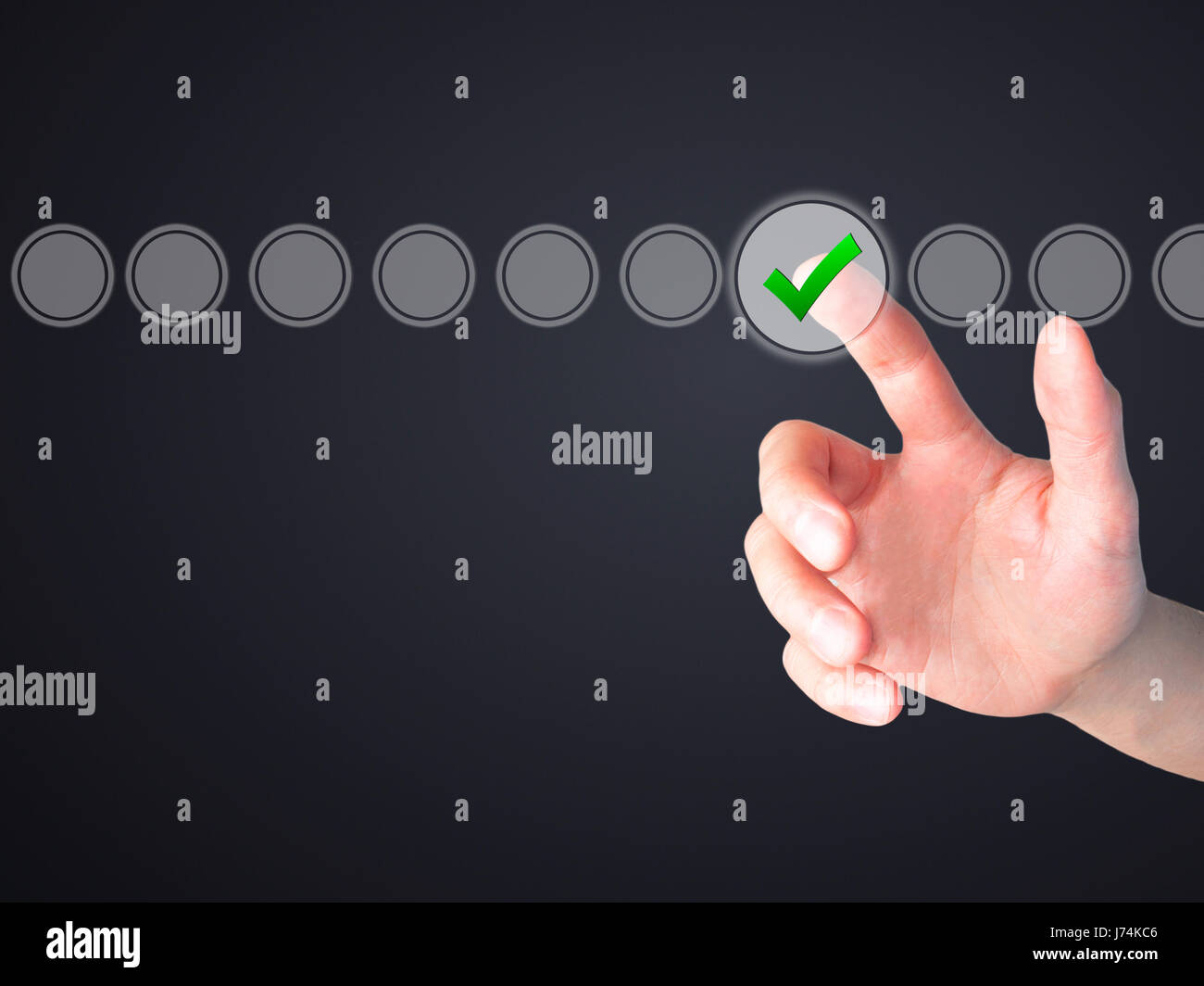 Young male hand touching, pressing modern button and ticking check box ...