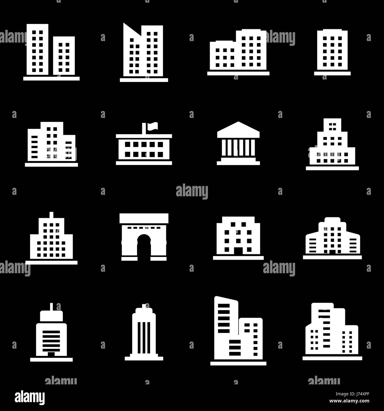 Vector white buildings icons set on black background Stock Vector Image ...