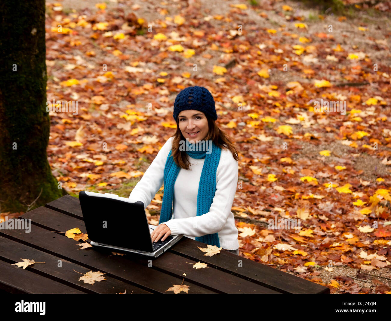 woman laptop notebook computers computer park put sitting sit delighted ...