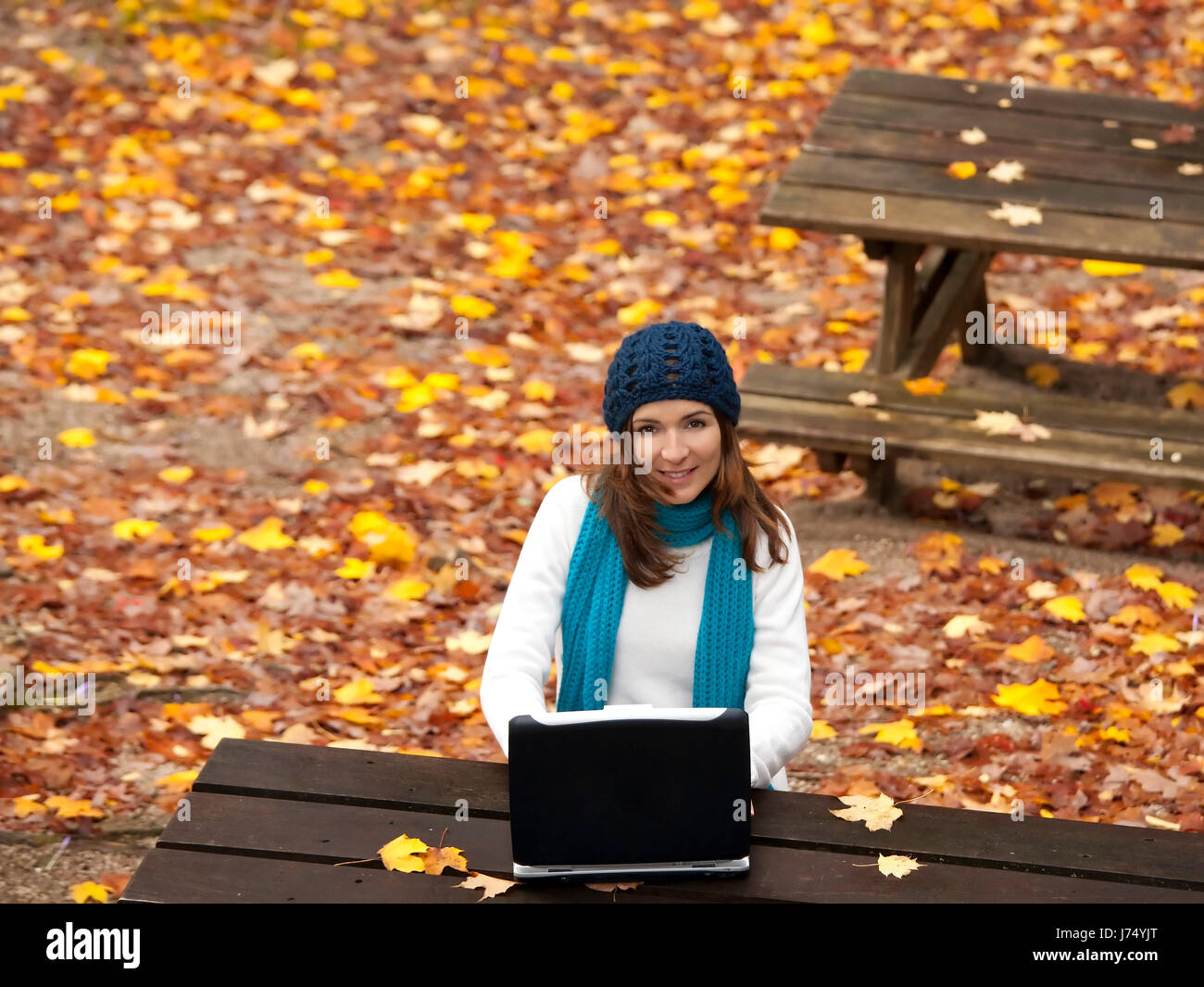woman laptop notebook computers computer park put sitting sit delighted ...