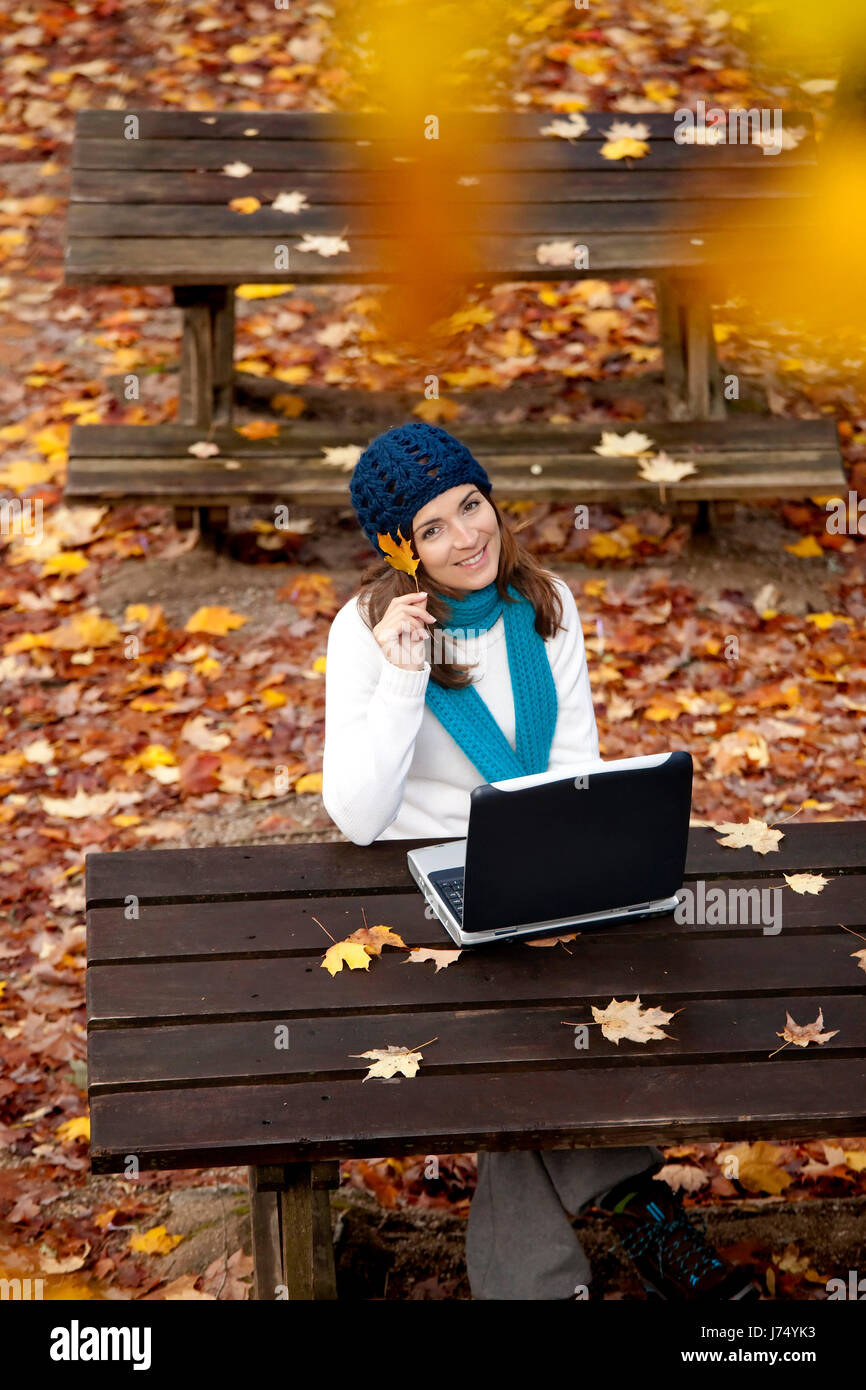 woman laptop notebook computers computer park put sitting sit delighted ...