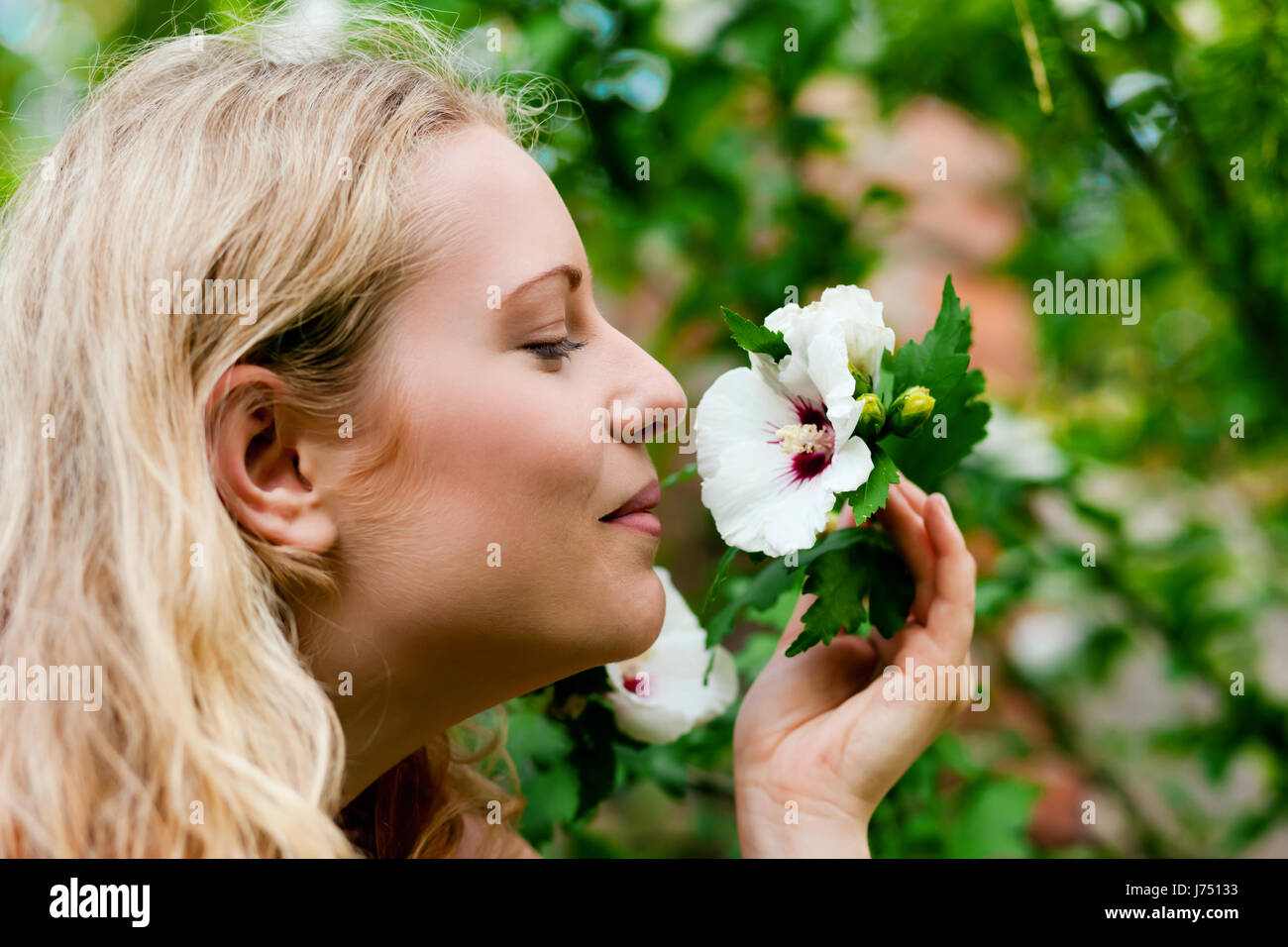 woman in garden smelling flowers from Stock Photo - Alamy