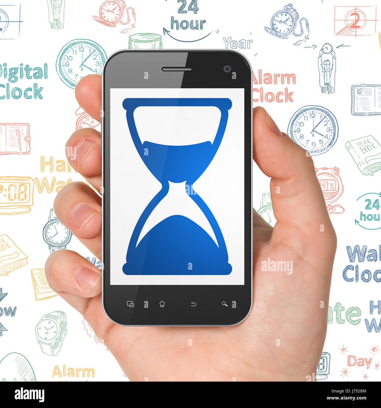 Timeline concept: Hand Holding Smartphone with Hourglass on display ...