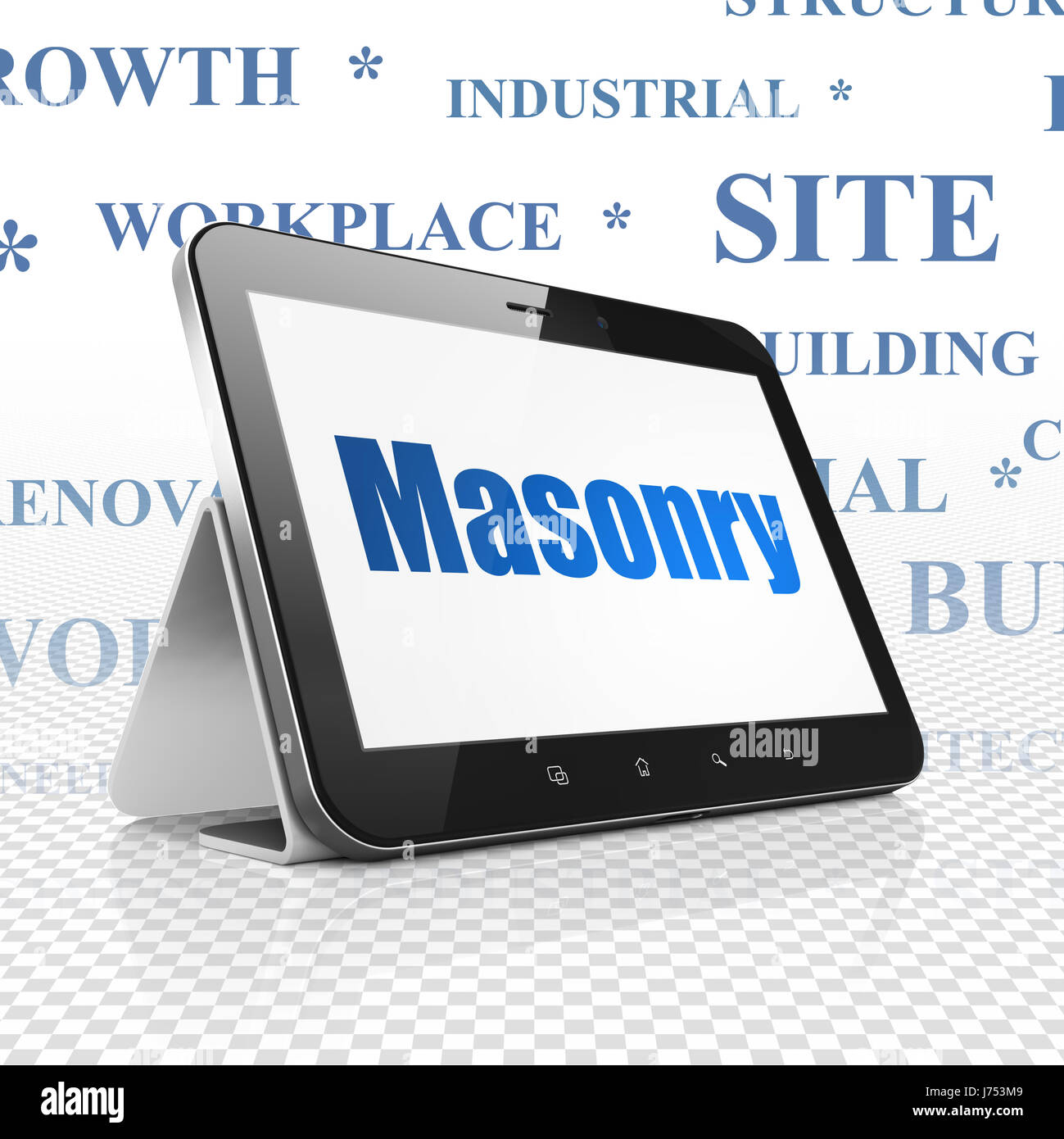 Constructing concept: Tablet Computer with Masonry on display Stock ...