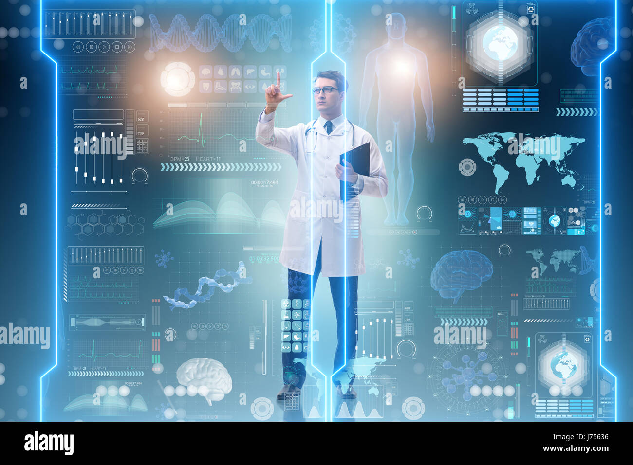 Doctor in futuristic medical concept pressing button Stock Photo - Alamy