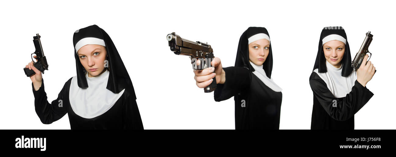 Nun with handgun isolated on white Stock Photo - Alamy