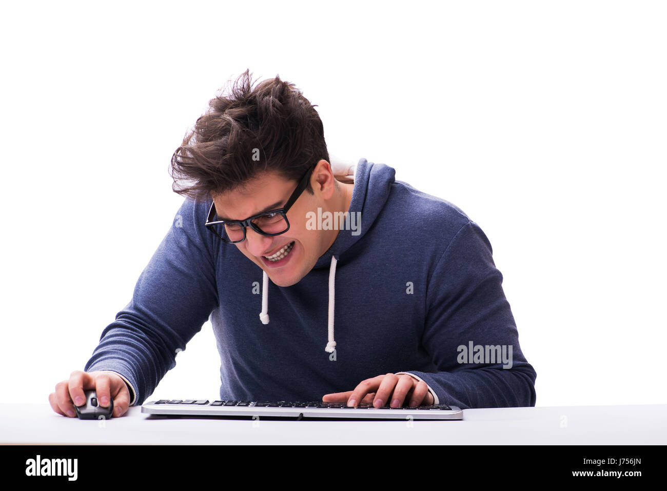 Funny nerd man working on computer isolated on white Stock Photo - Alamy