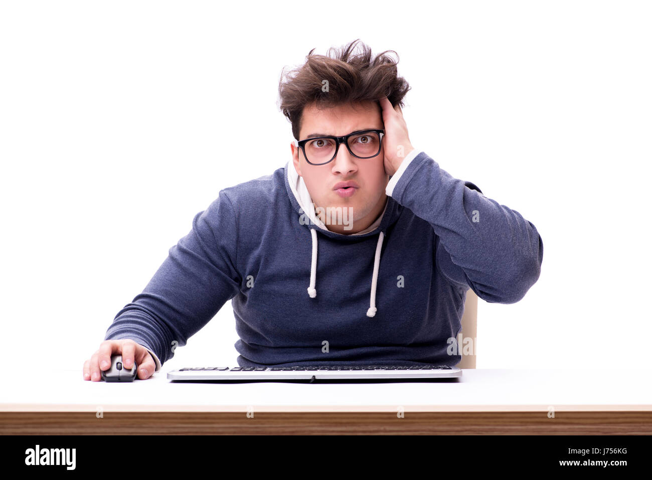Funny nerd man working on computer isolated on white Stock Photo - Alamy