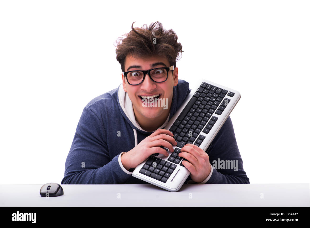 Funny nerd man working on computer isolated on white Stock Photo - Alamy