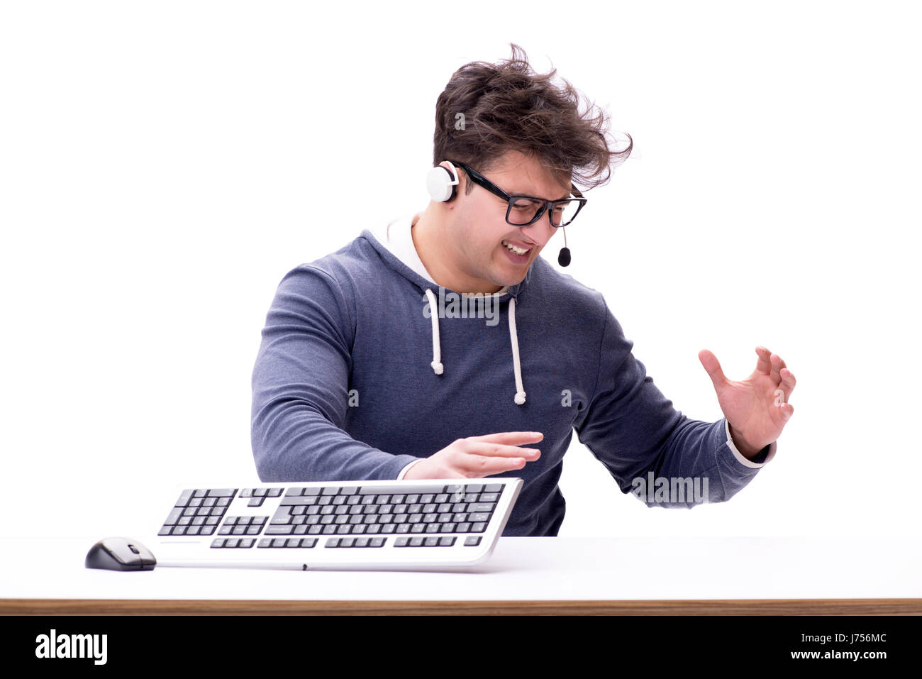 Funny nerd man working on computer isolated on white Stock Photo - Alamy