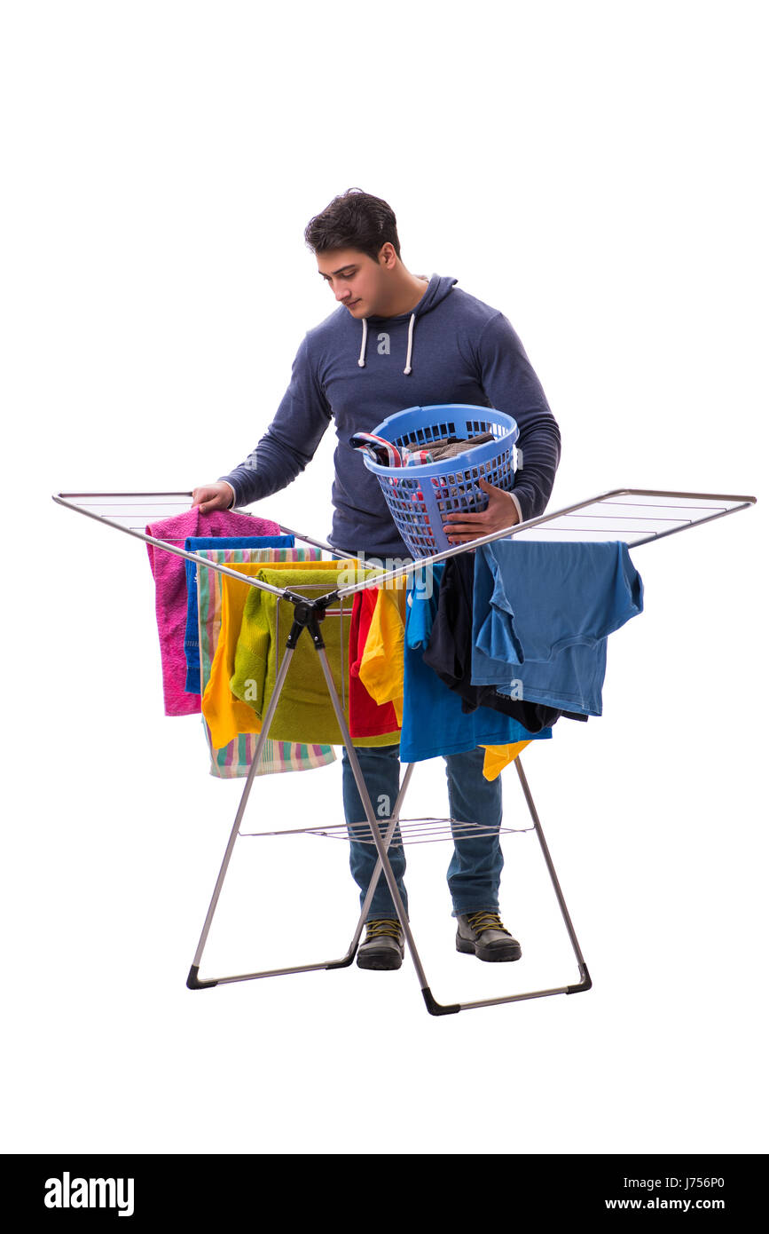 Husband man doing laundry isolated on white Stock Photo - Alamy
