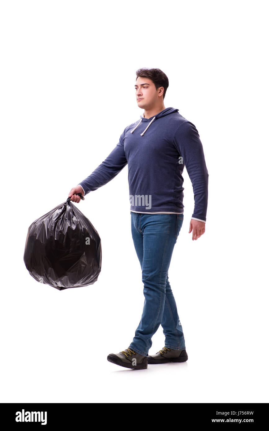 Man with garbage sack isolated on white Stock Photo - Alamy