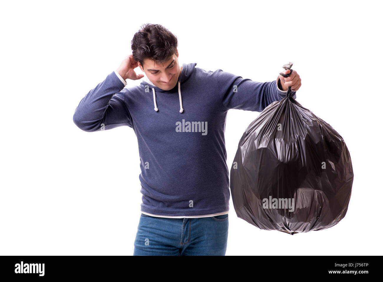 Man with garbage sack isolated on white Stock Photo - Alamy