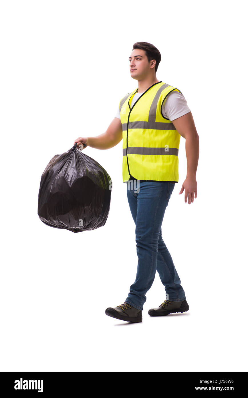 Man with garbage sack isolated on white Stock Photo - Alamy
