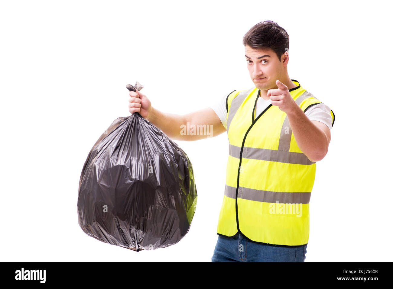 Man with garbage sack isolated on white Stock Photo - Alamy