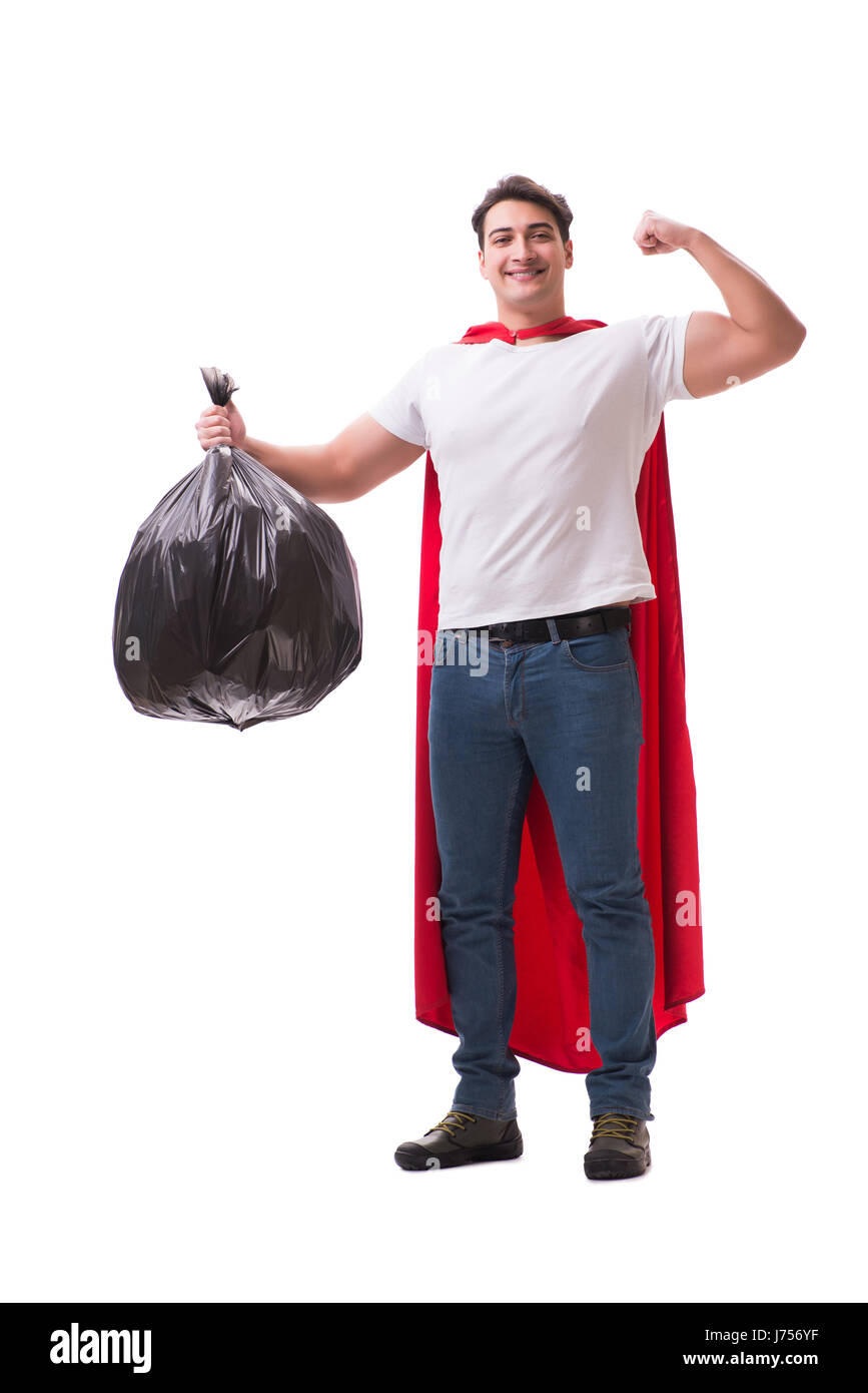 Superhero man with garbage sack isolated on white Stock Photo - Alamy