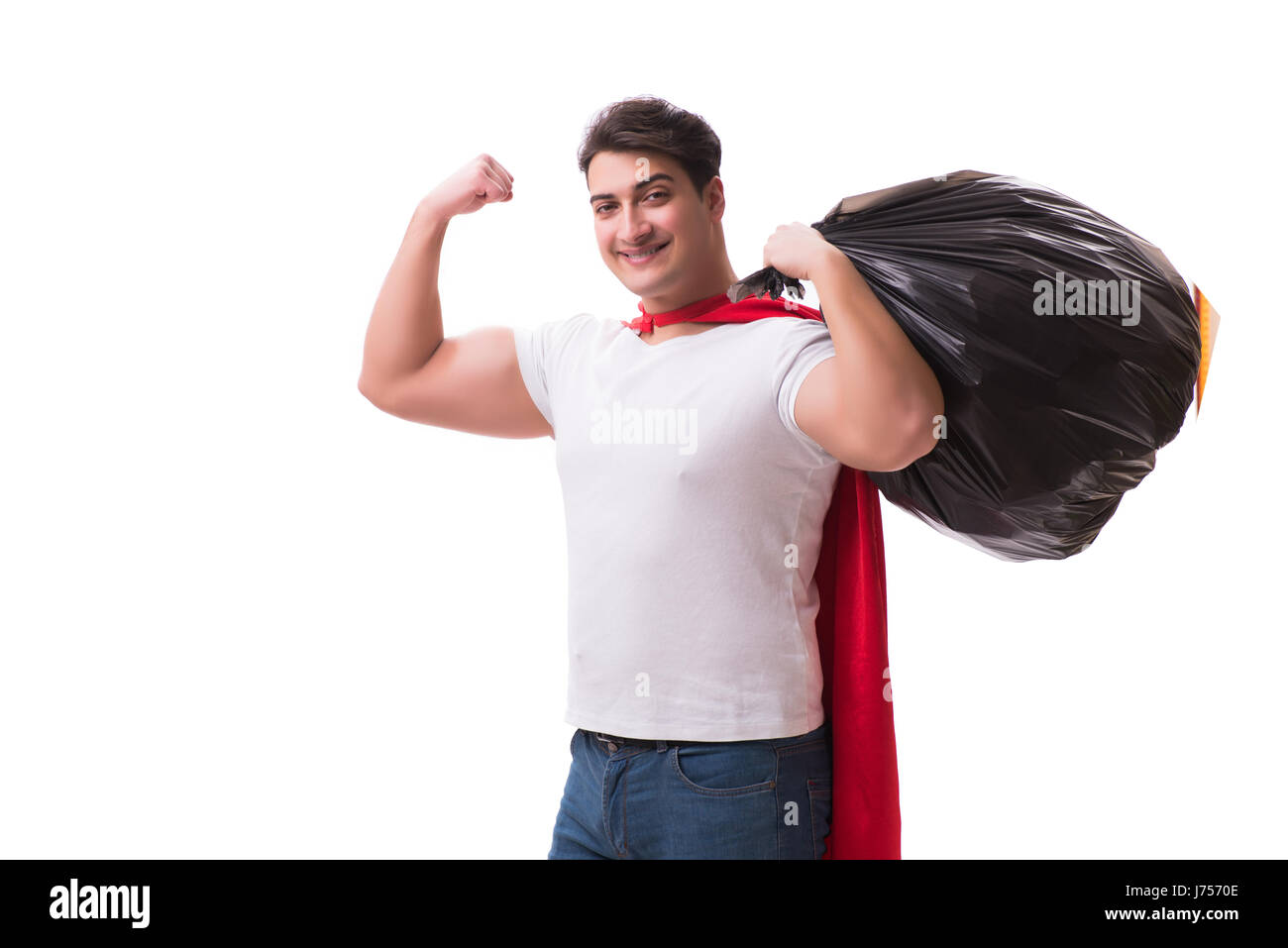 Superhero man with garbage sack isolated on white Stock Photo - Alamy