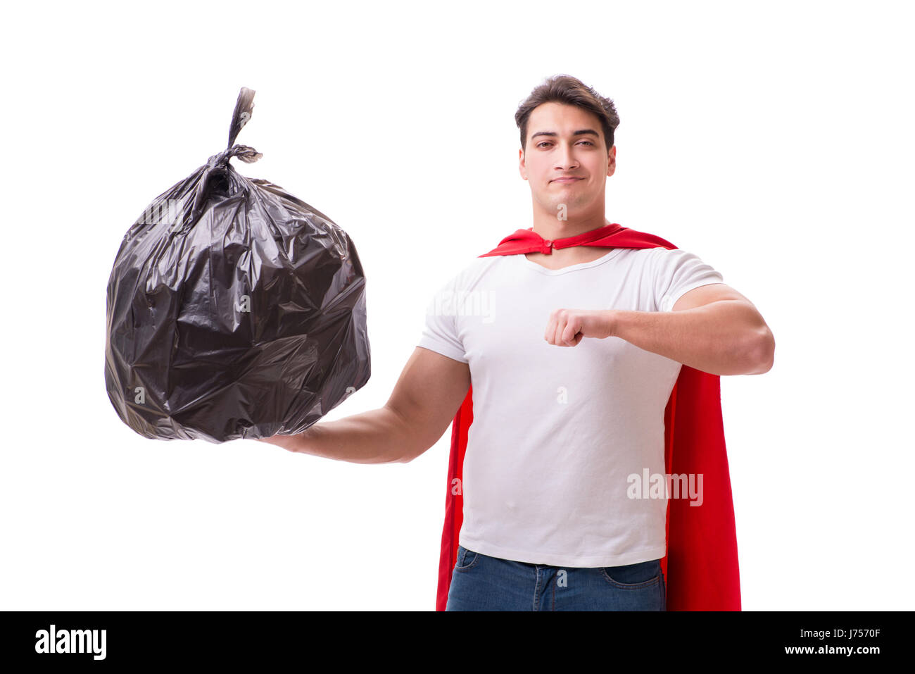 Superhero man with garbage sack isolated on white Stock Photo - Alamy
