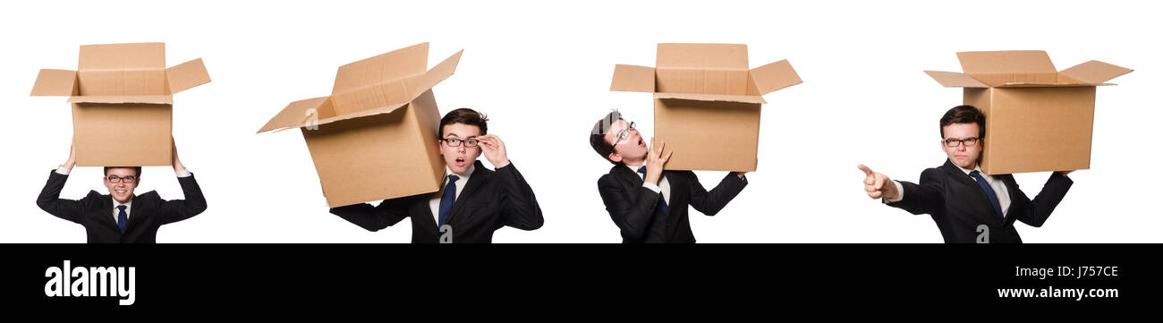 Funny man with boxes isolated on white Stock Photo - Alamy