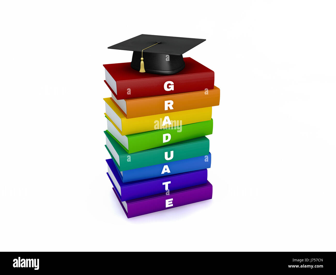 Mortar board on stack of rainbow graduate book isolated on white with ...