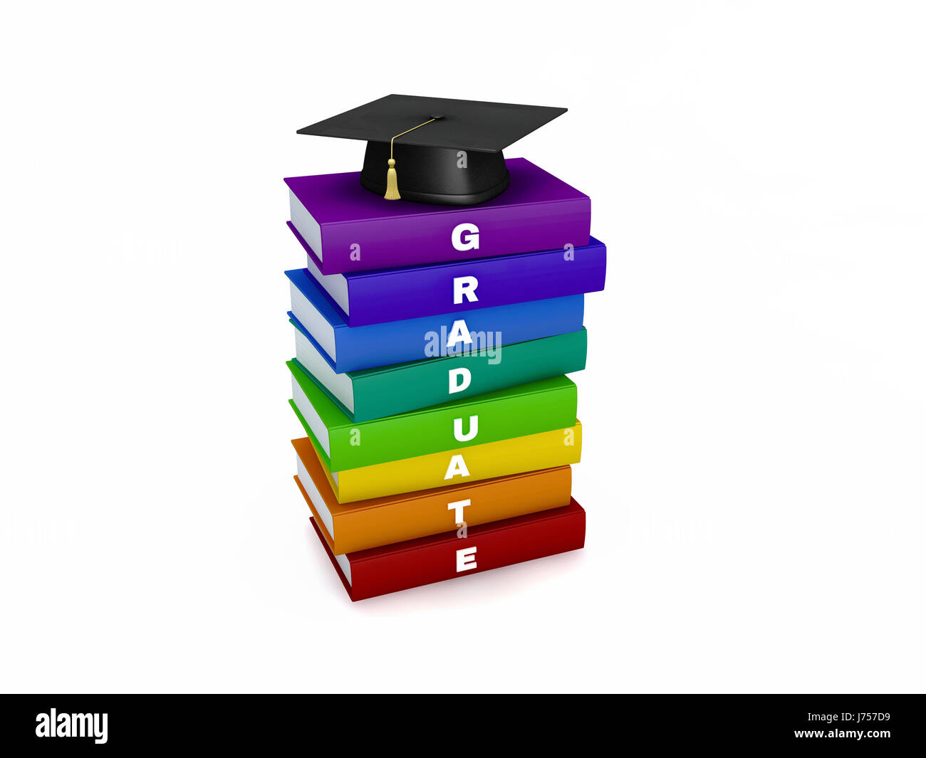 Mortar board on stack of rainbow graduate book isolated on white with ...