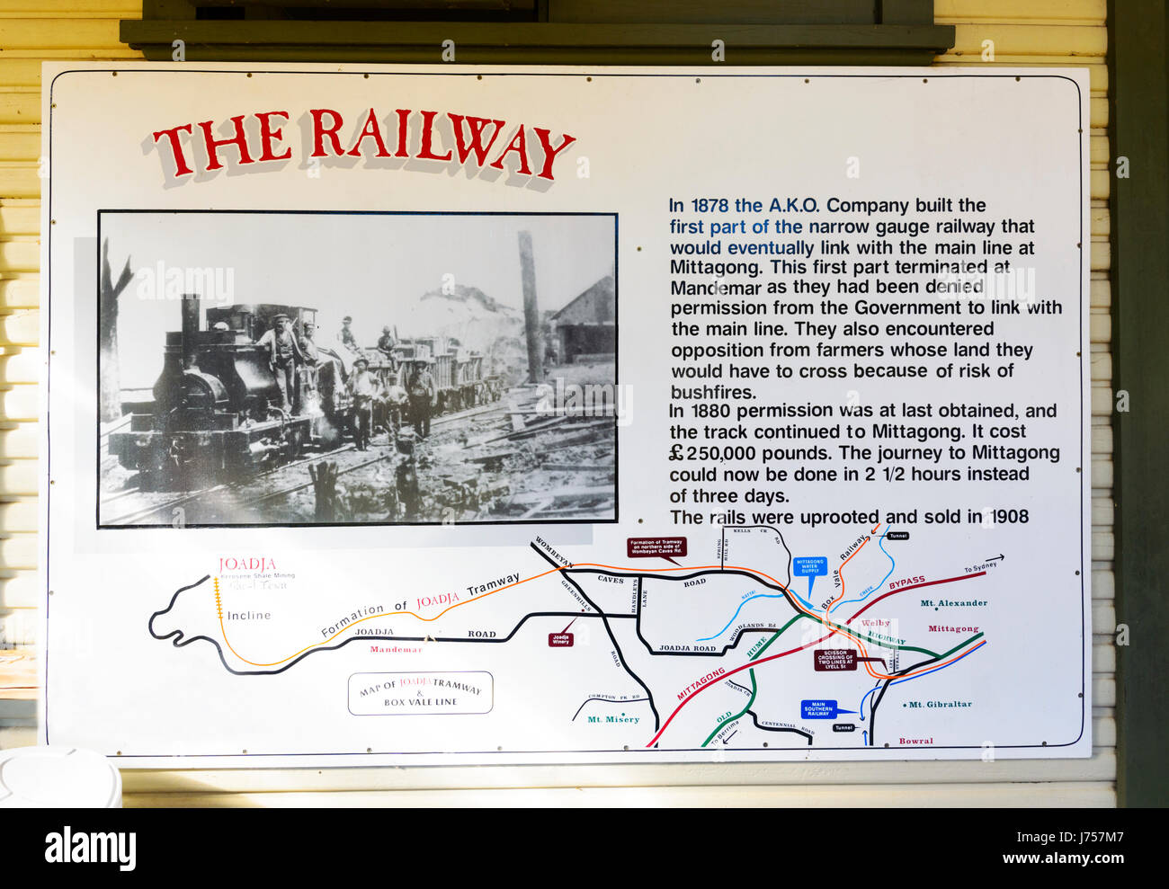 Sign showing an old photo of the railway, in Joadja Ghost Town ...