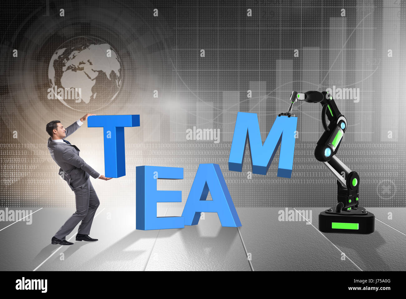 Man and robotic arm in teamwork concept Stock Photo - Alamy