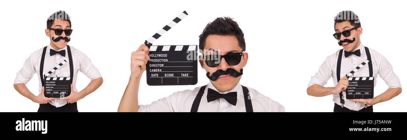 Whiskered man with clapperboard holding isolated on white Stock Photo ...