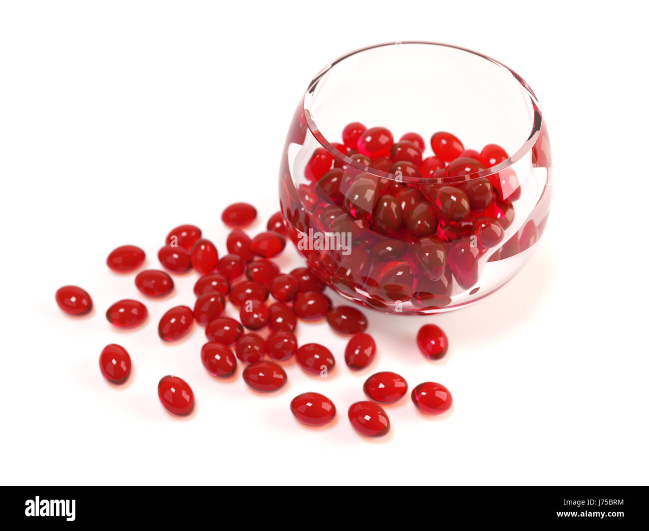 Illustration of Red fish oil capsules in glass bowl with clipping path ...