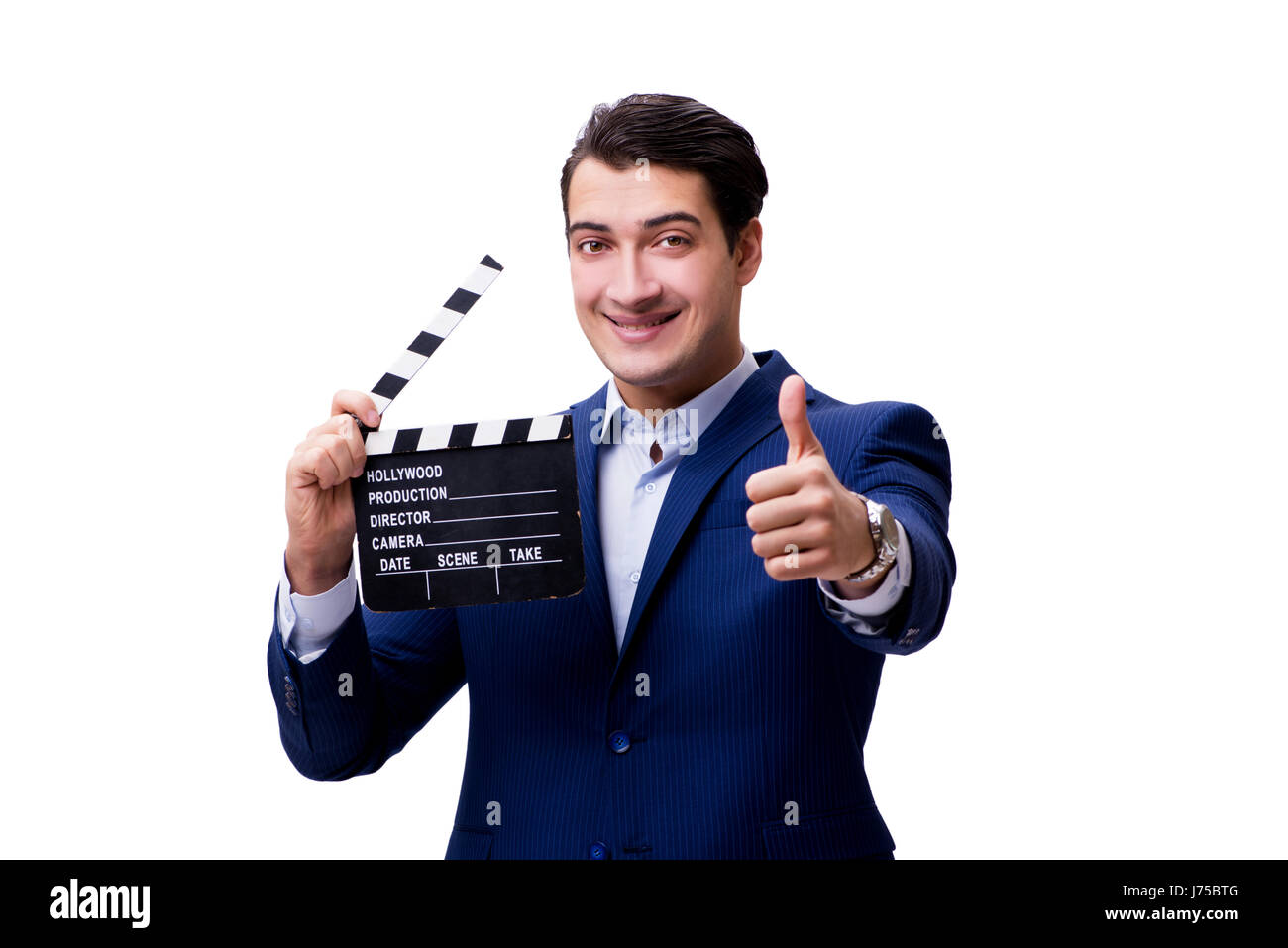 Handsome man with movie clapper isolated on white Stock Photo - Alamy