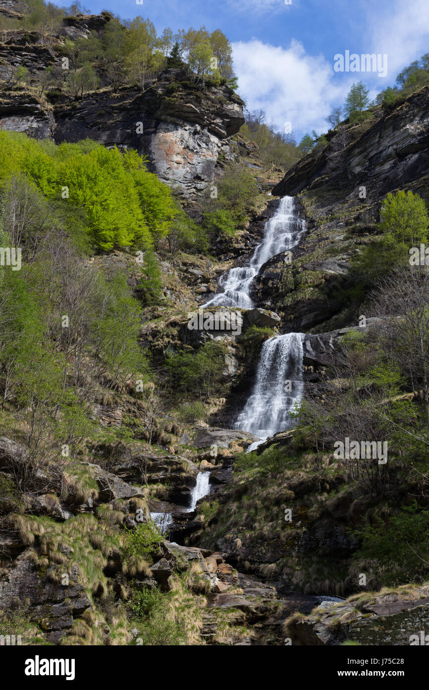 beautiful waterfall in sunlight with trees and rocks and blue sky Stock ...