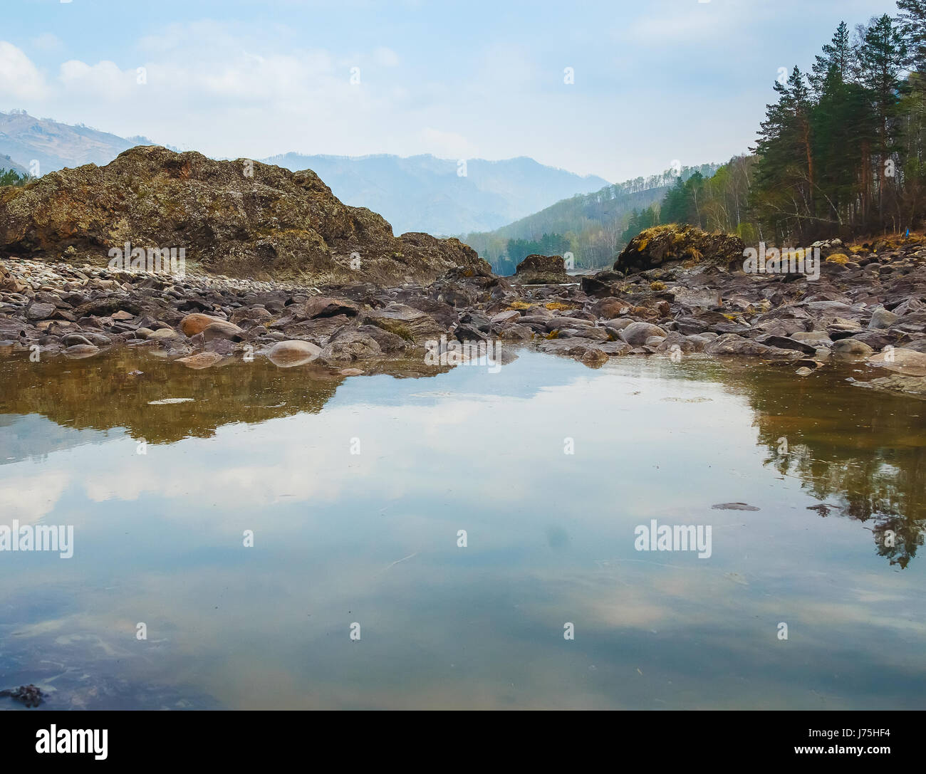landscape with mountains, forest and a river in front. beautiful ...