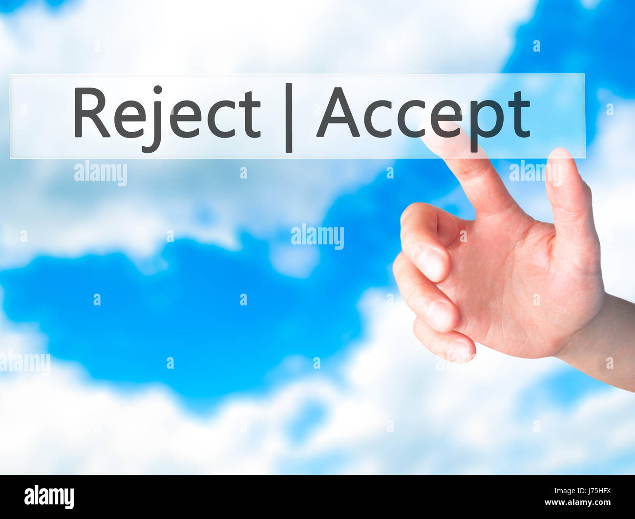 Accept Reject - Hand pressing a button on blurred background concept ...