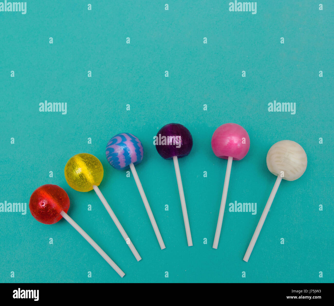 Lollipop Flat lay Minimal concept Six colorful round lollipops are ...