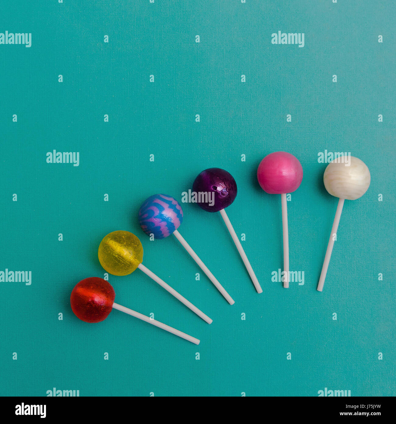 Lollipop Flat lay Minimal concept Six colorful round lollipops are ...