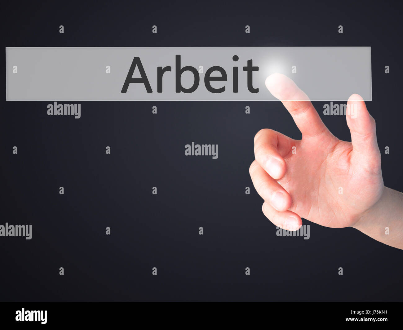 Arbeit (Work in German) - Hand pressing a button on blurred background ...