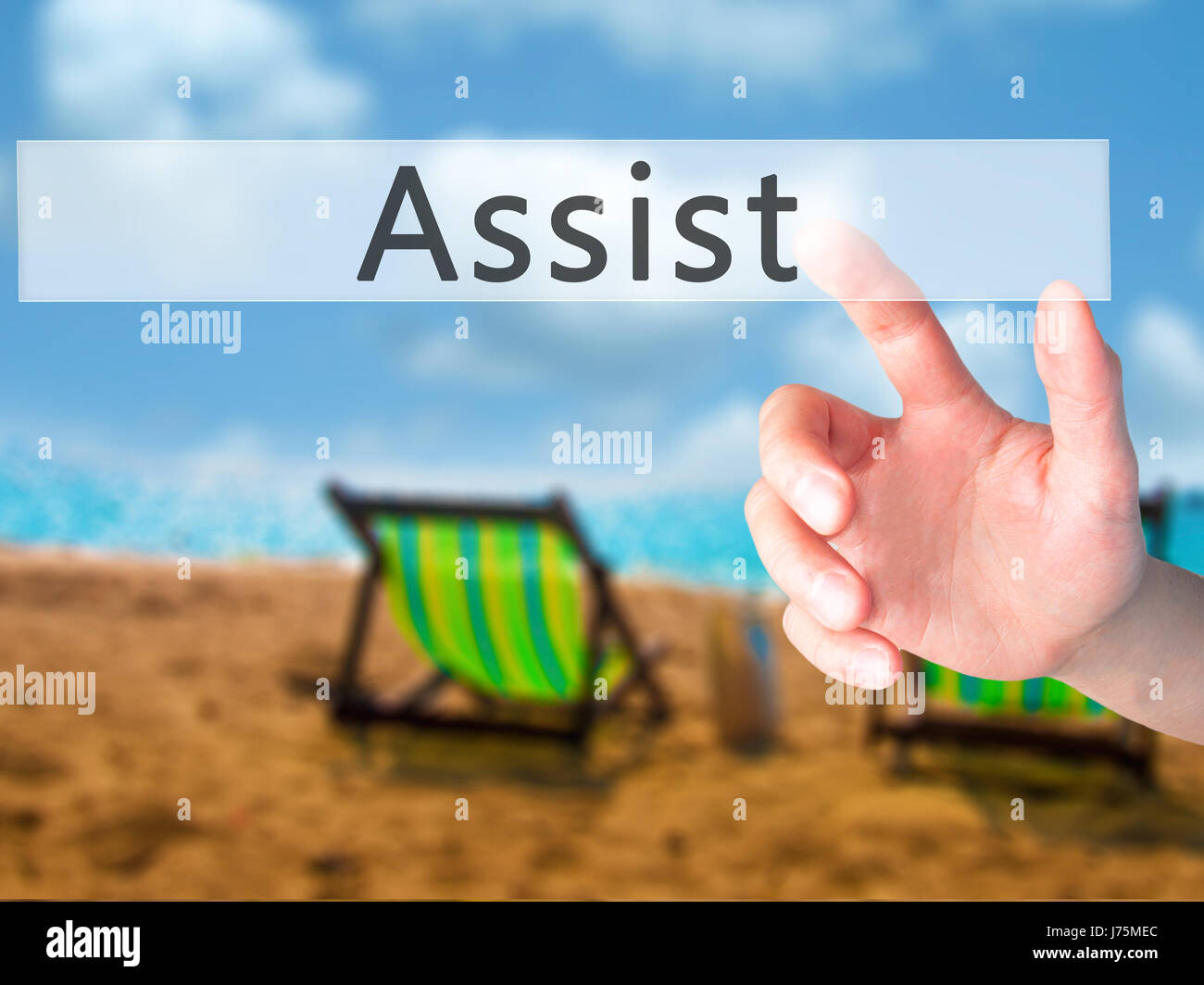 Assist - Hand pressing a button on blurred background concept ...