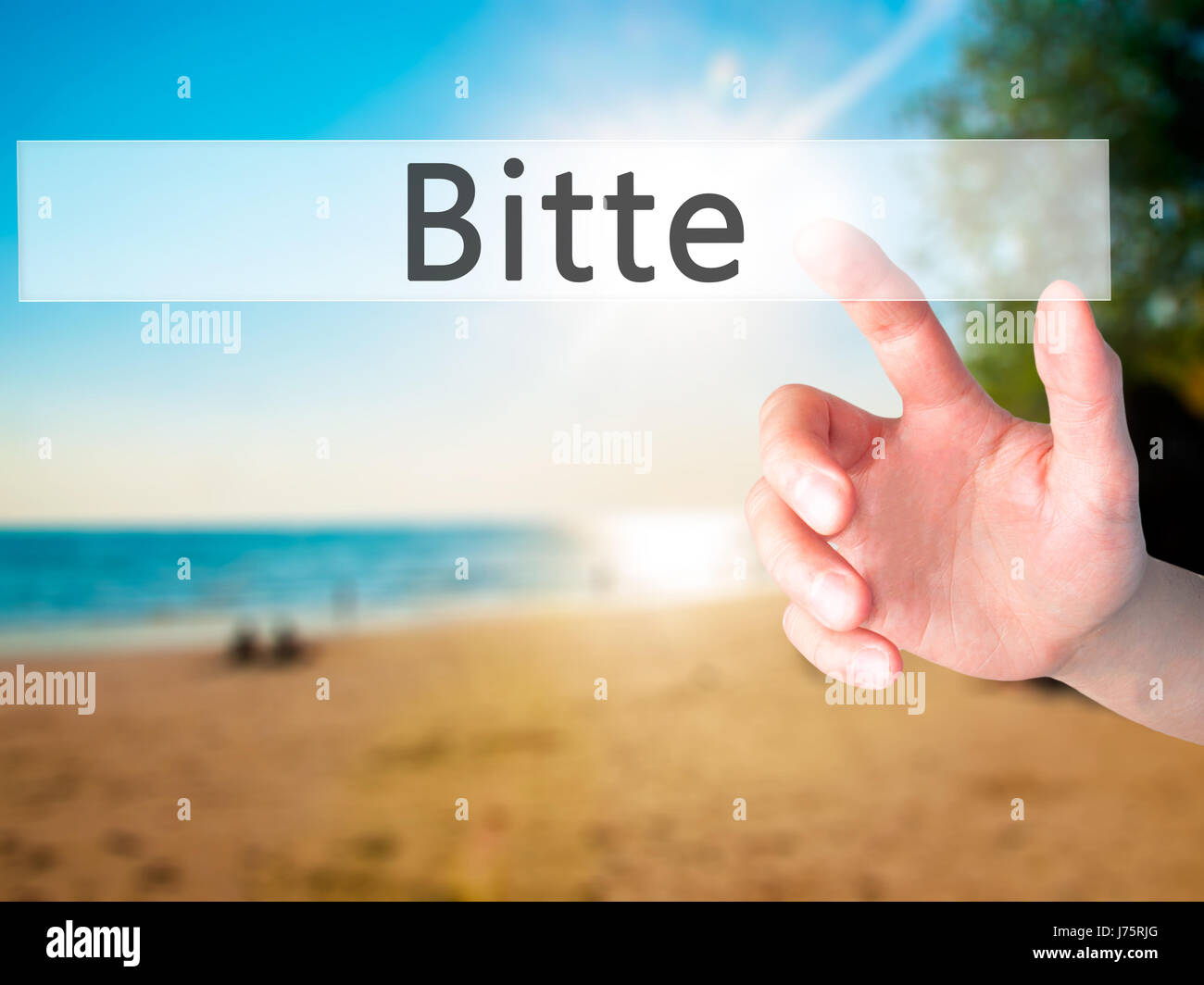 Bitte (Please in German) - Hand pressing a button on blurred background ...