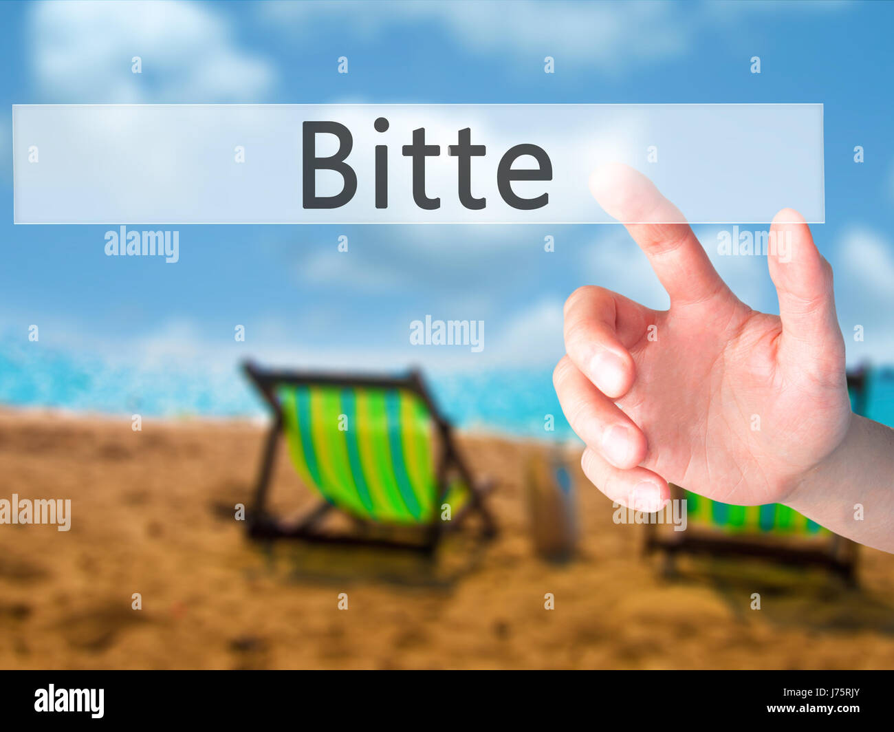Bitte (Please in German) - Hand pressing a button on blurred background ...